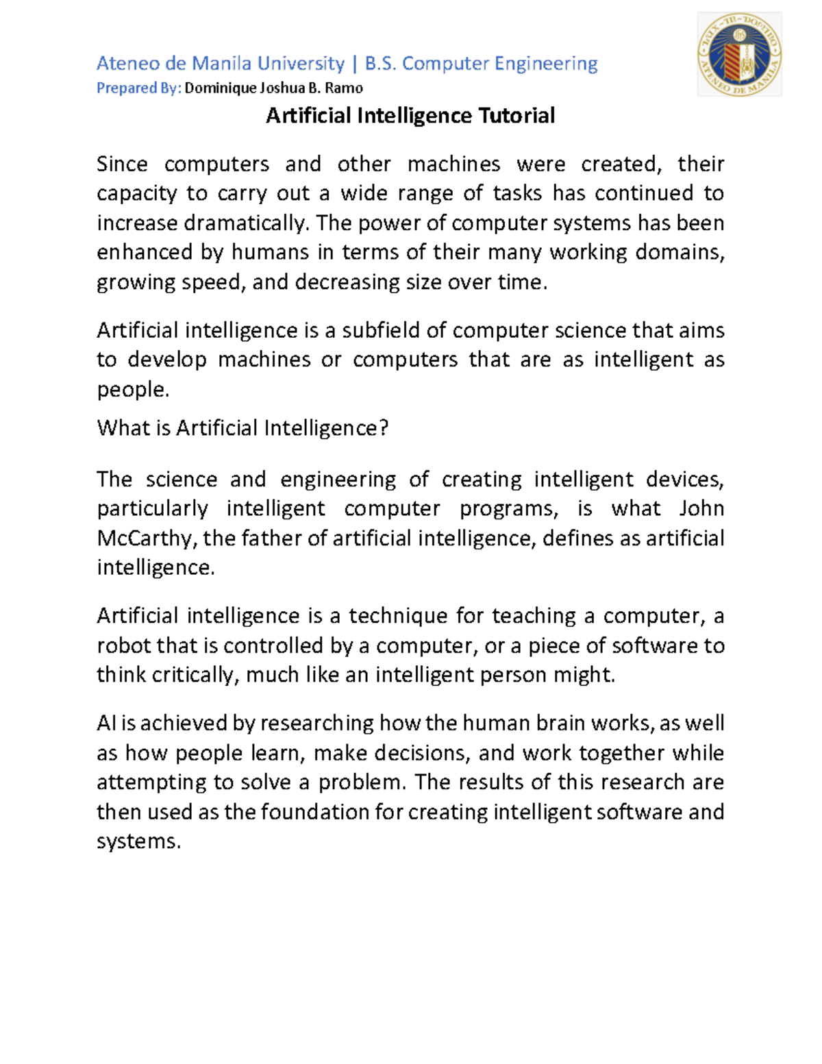 Study Guide - Artificial Intelligence Tutorial - Prepared By: Dominique ...