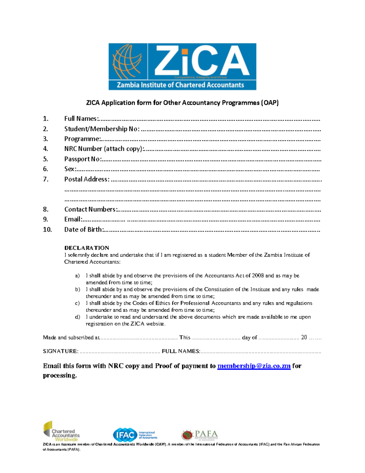OAP Student Details FORM 2022 - ZICAof Accountants (PAFA). is an ...