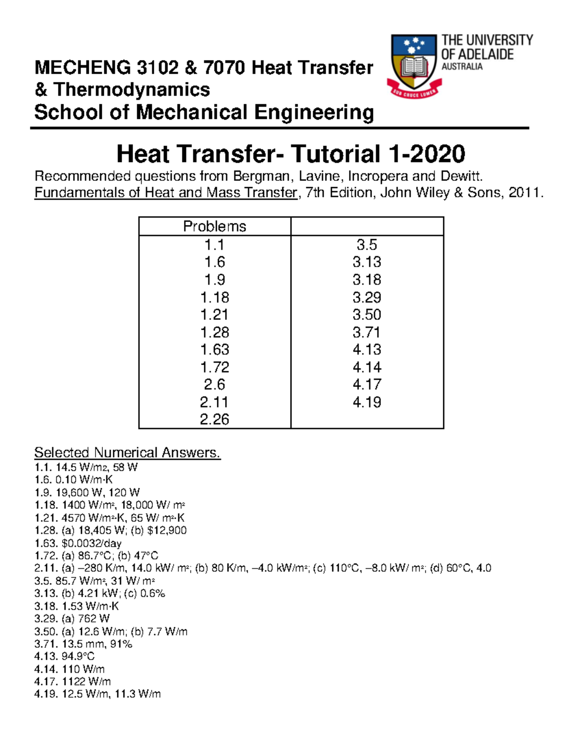Tute 01 HT 2020 - Heat Transfer assignment 1 and its answers - MECHENG ...