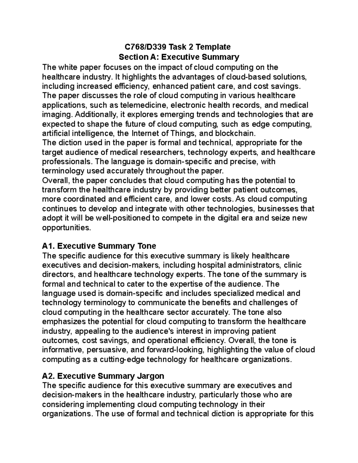 assignment task 2 - C768/D339 Task 2 Template Section A: Executive ...