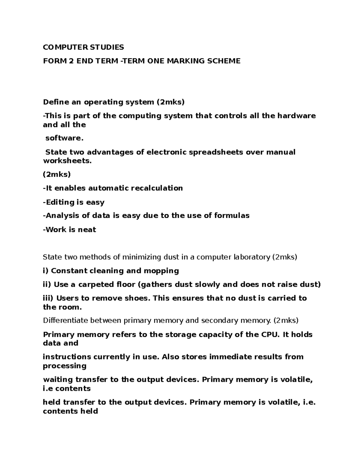 F2 Computer Marking Schemes - COMPUTER STUDIES FORM 2 END TERM -TERM ...