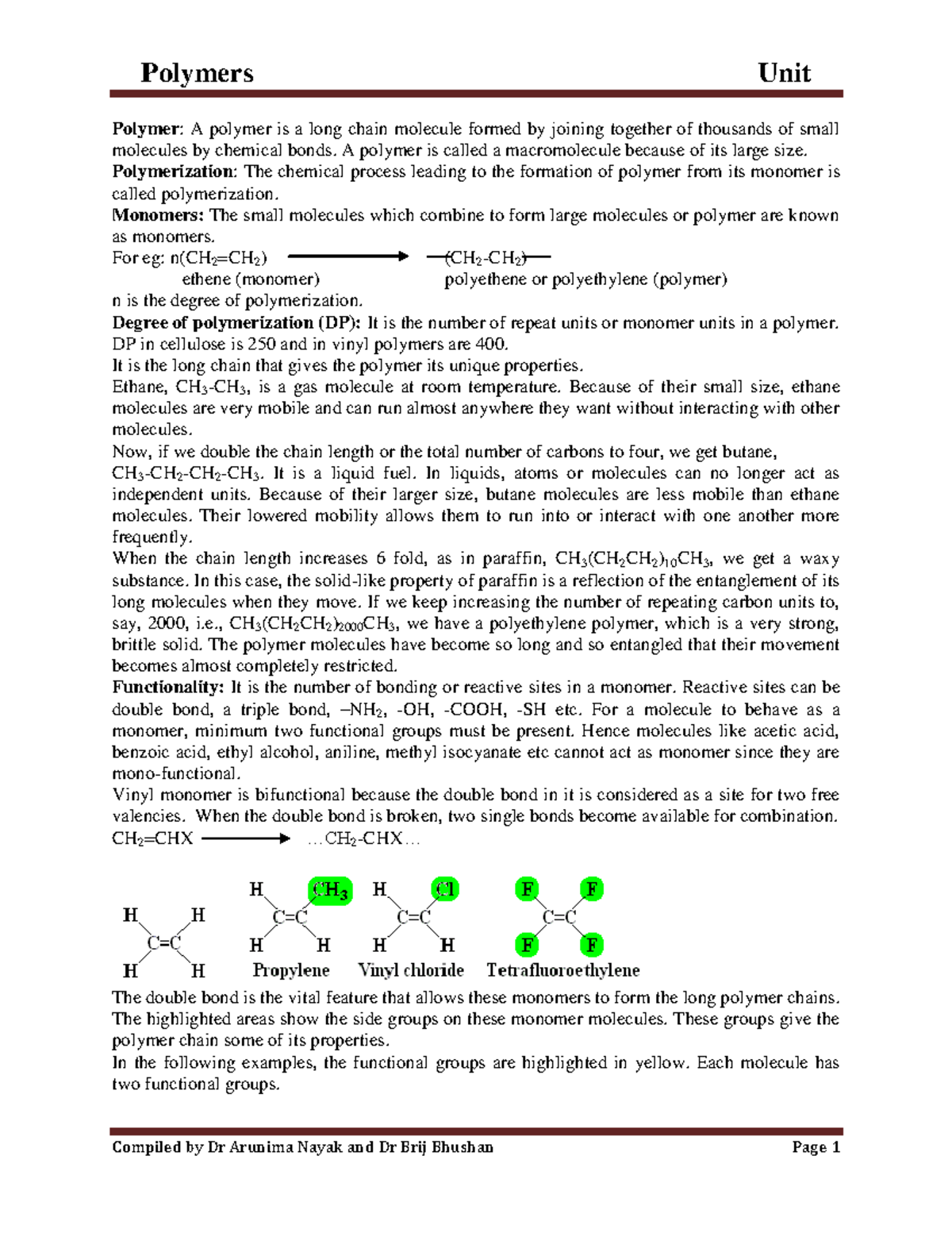 Polymer 2018-1 - sem 1 chemistry notes - Polymer: A polymer is a long ...