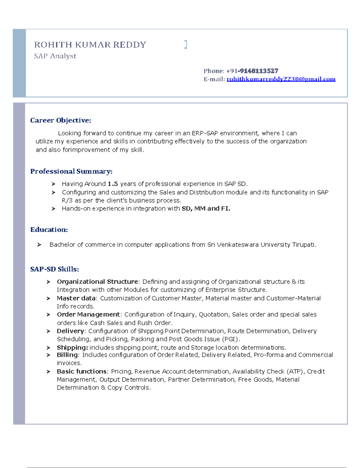 Rohith SAP-SD- CV - Students - Career Objective: Looking forward to continue my career in an ERP ...