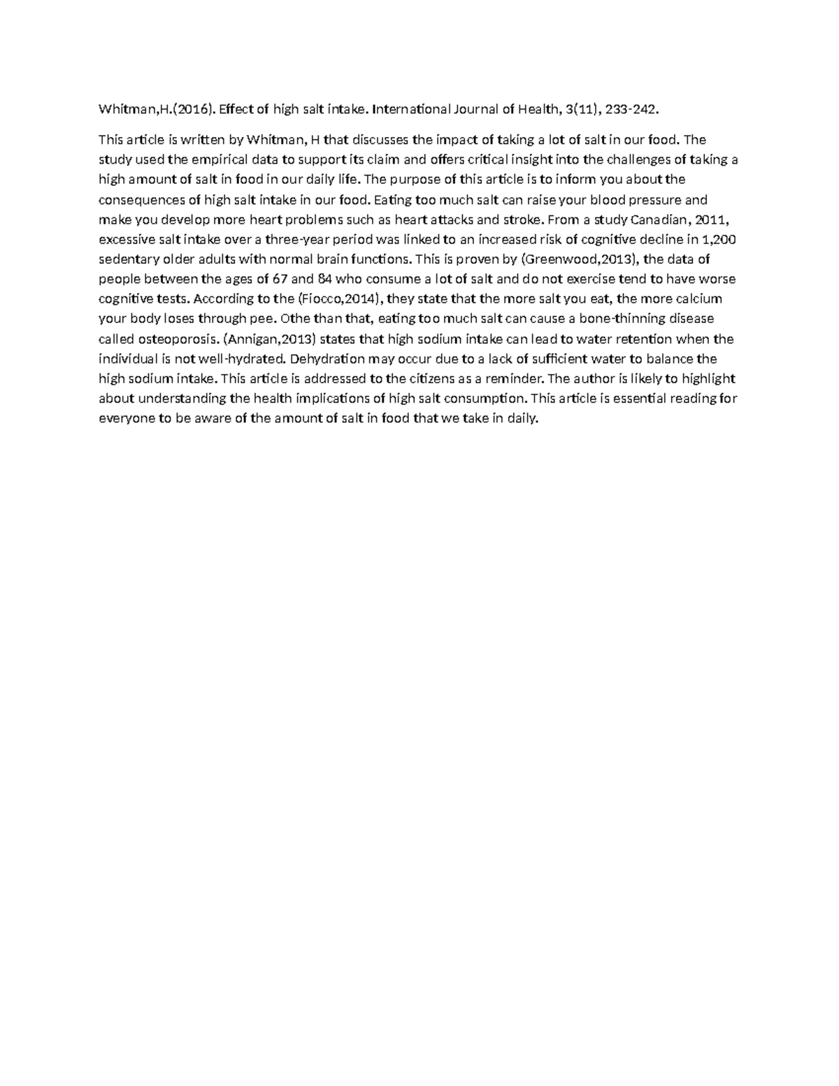 annotated bibliography - Whitman,H.(2016). Effect of high salt intake. International Journal of ...