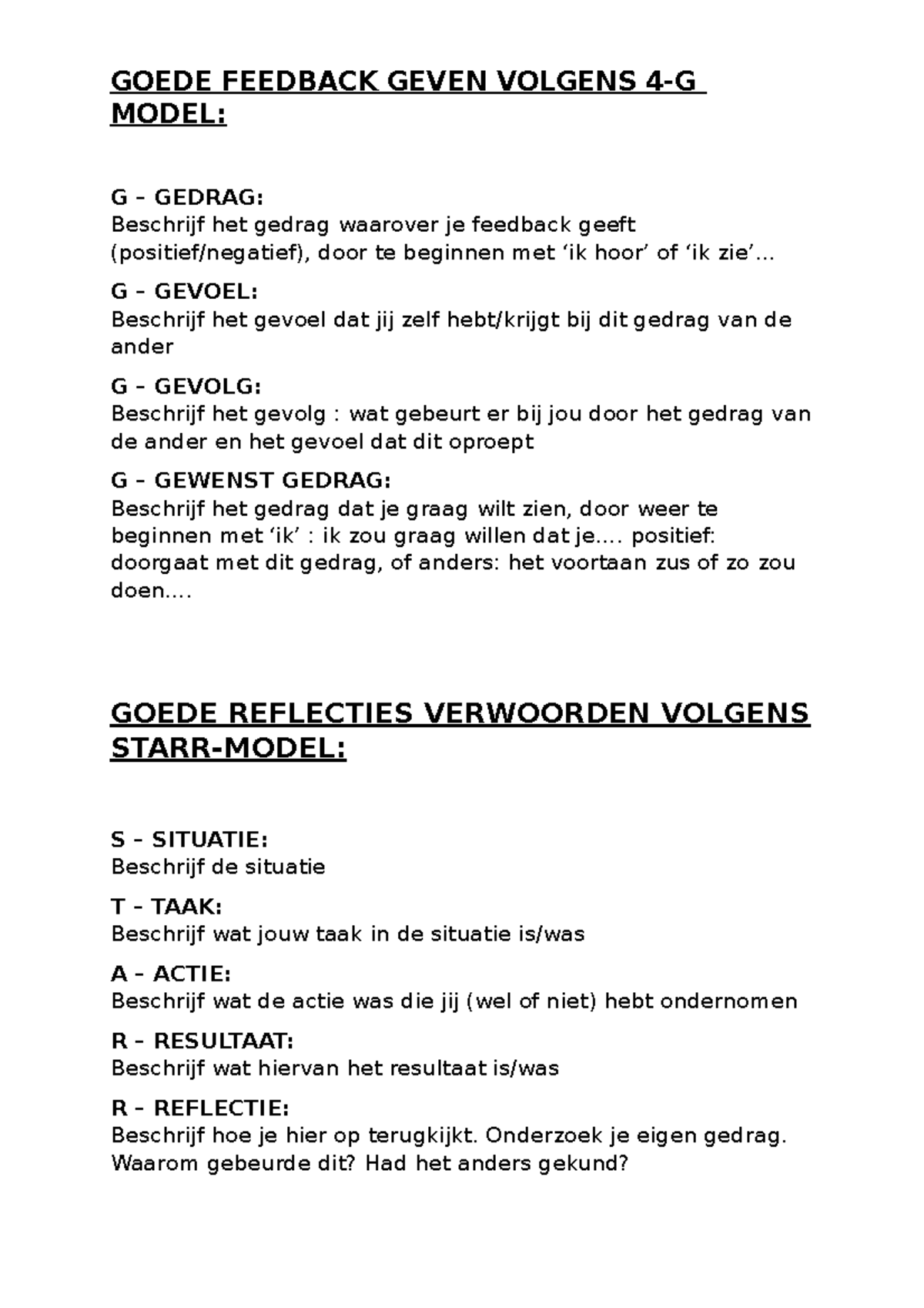 Feedback volgens 4G, Starr reflectiemodel - GOEDE FEEDBACK GEVEN ...