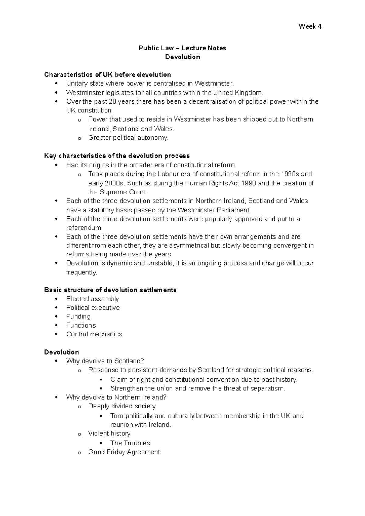 Week 4 - Devolution - Public Law – Lecture Notes Devolution ...