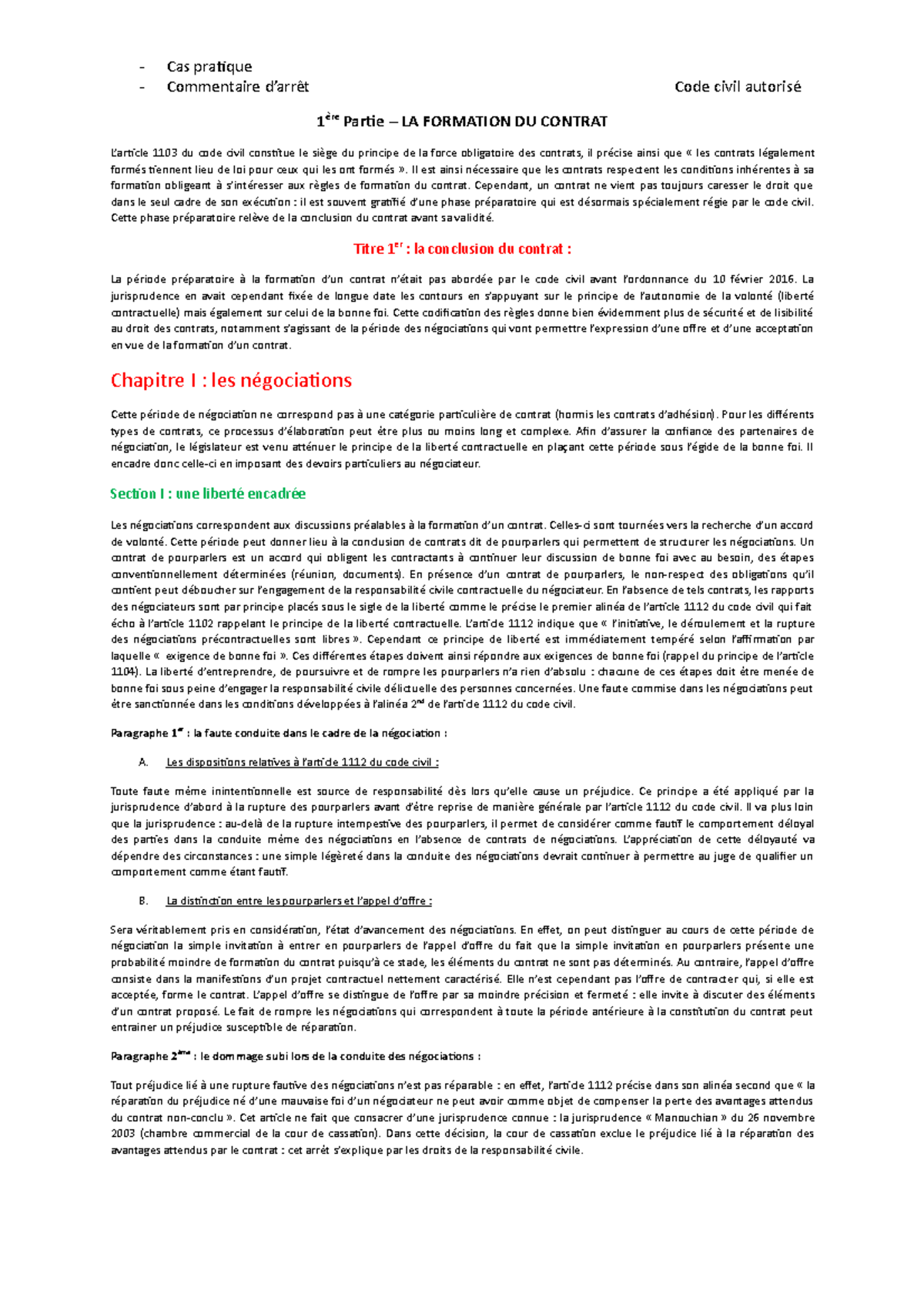 Cours de droit des contrats - Copie - Commentaire d’arrêt Code civil ...