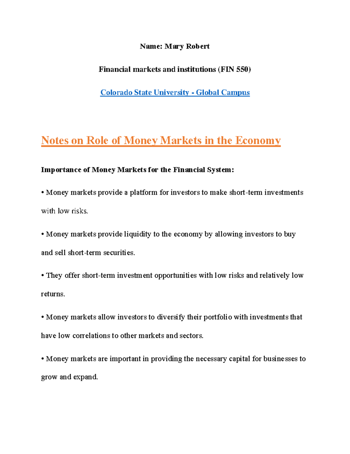 Role of Money Markets in the Economy - Namе: Mary Robert Financial ...