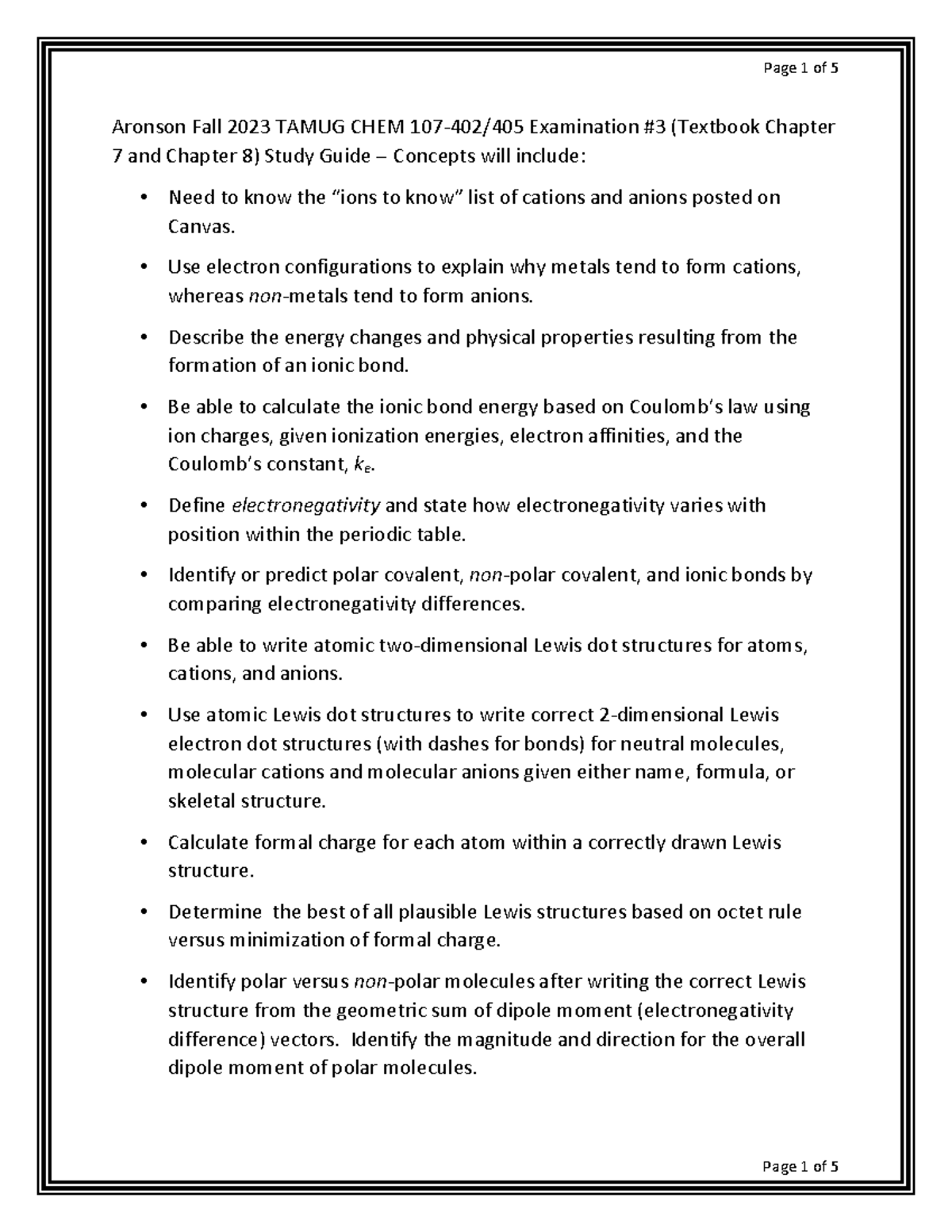 Aronson Fall 2023 Tamug CHEM 107 Exam 3 Study Guide PDF - Aronson Fall ...