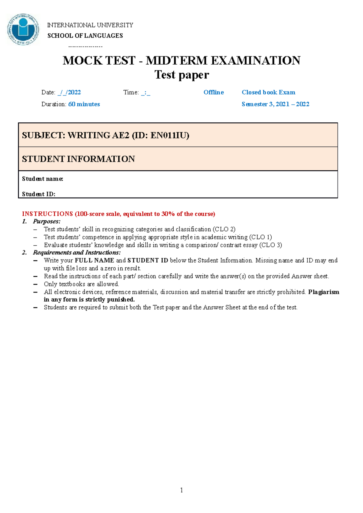 AE2 Writing Midterm Sample Test (since 2223) - Test paper-2 ...