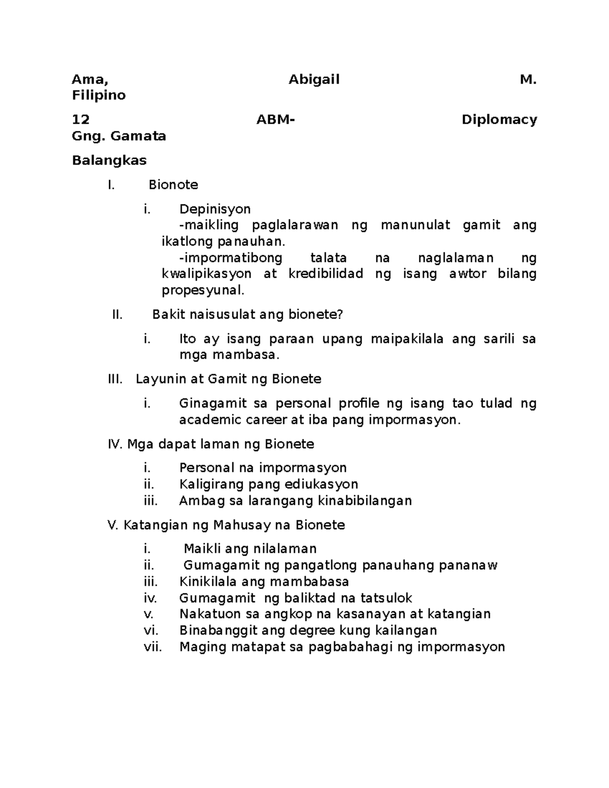 Ama Balangkasnng Bionete - Ama, Abigail M. Filipino 12 ABM- Diplomacy ...