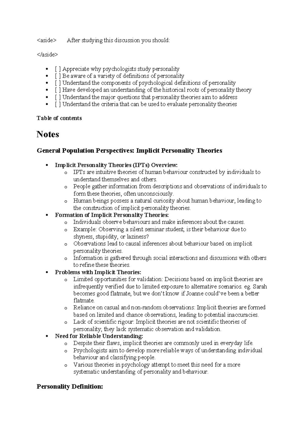 Personality textbooknnotes week 1 - 🫀 After studying this discussion ...