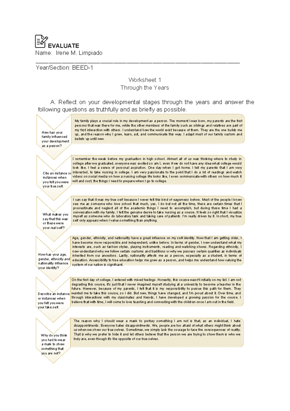 UTS Worksheet Answer 1 and 2 - EVALUATE Name: Irene M. Limpiado - Studocu