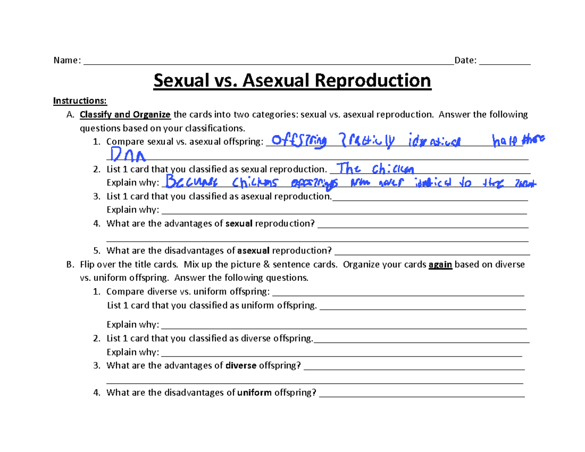 Edited - Asexual and Sexual Reproduction Assignment - Name: - Studocu