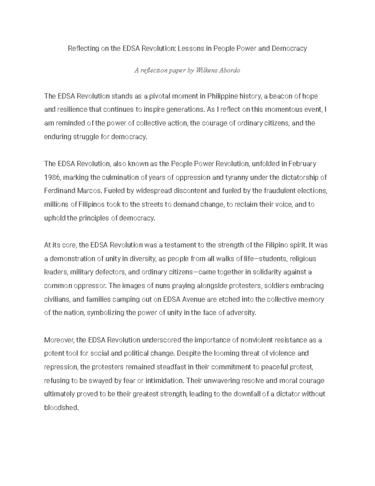 Edsa reflection - Reflecting on the EDSA Revolution: Lessons in People ...