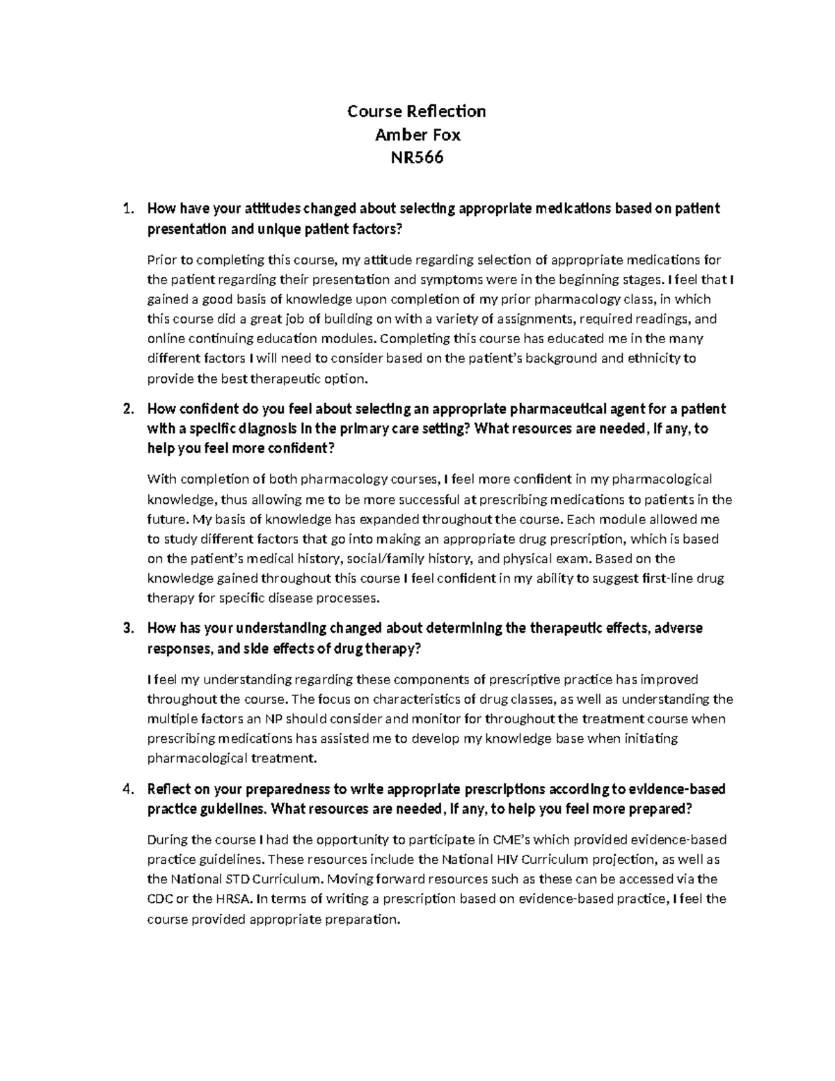 NR566 Course Reflections - Course Reflection Amber Fox NR 1. How have your attitudes changed ...