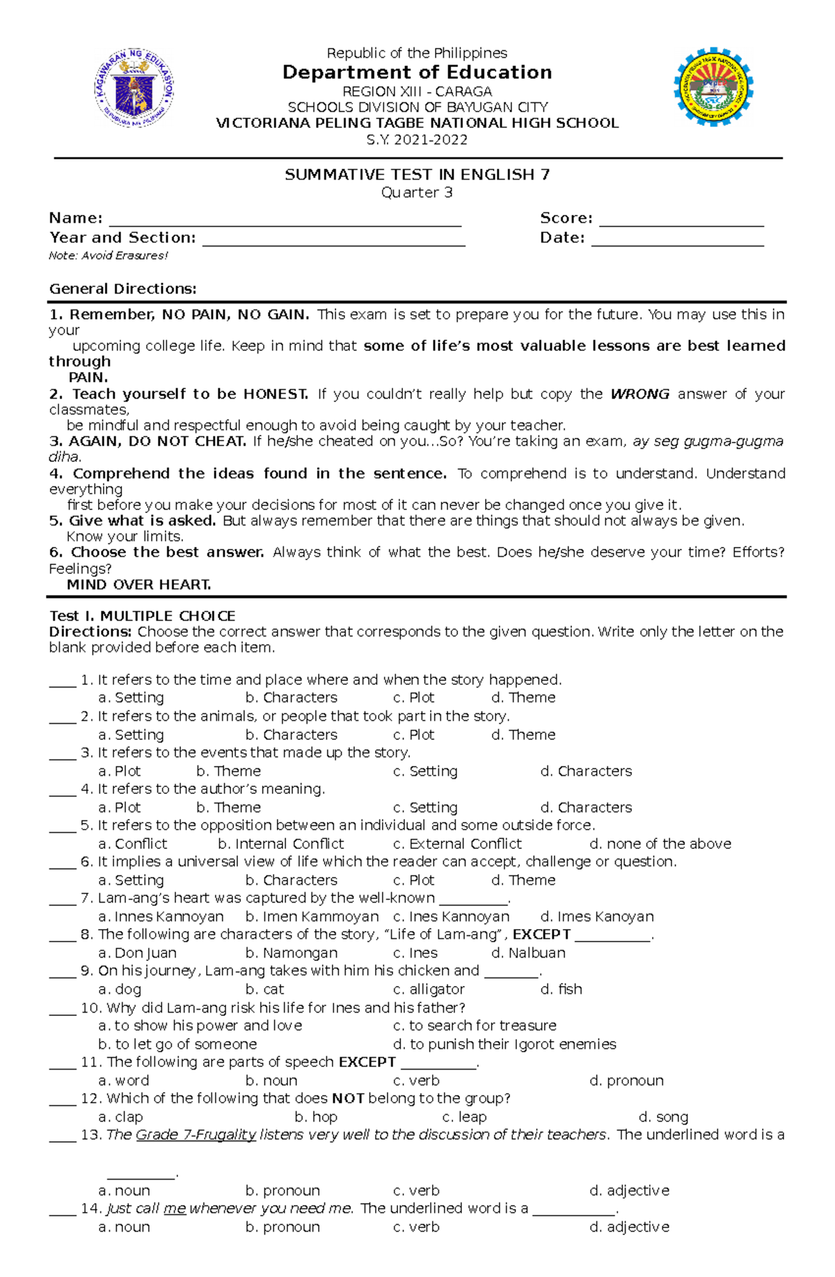 English 7 - Summative Test - Republic of the Philippines Department of ...