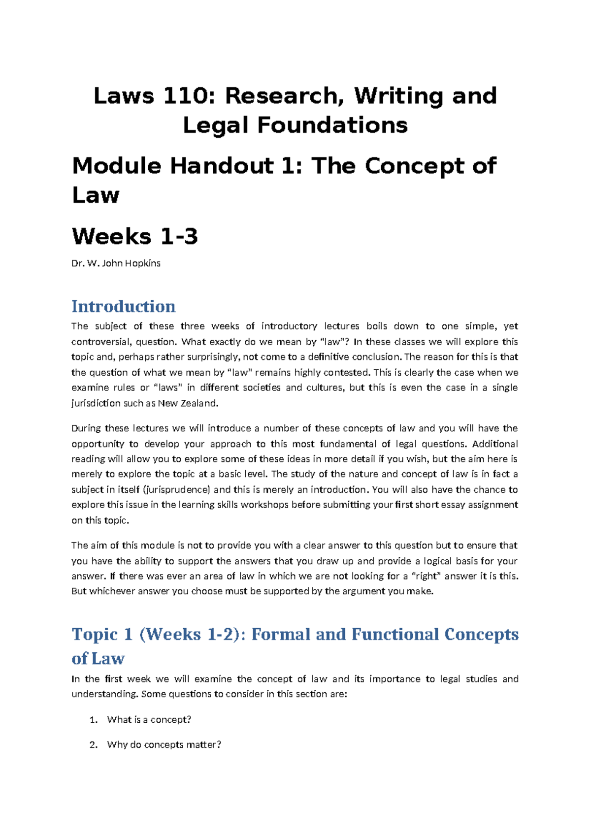 Module 1- Class Handout 2024 - Laws 110: Research, Writing and Legal ...