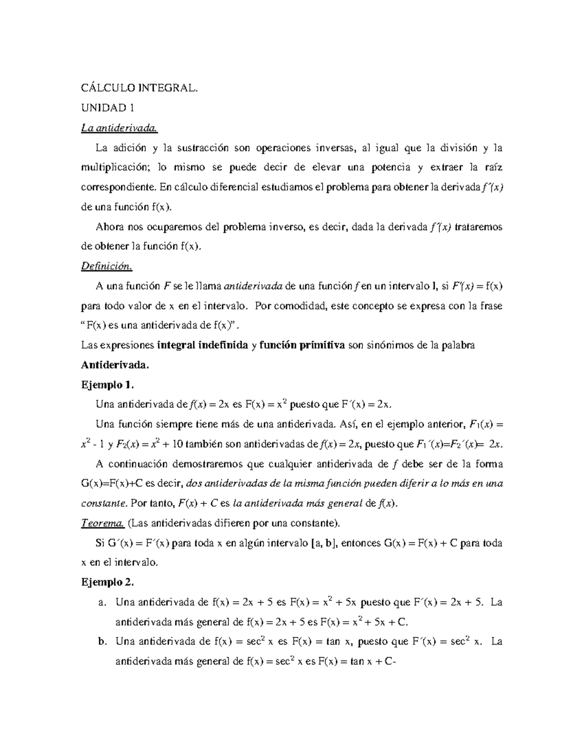 Cálculo Integral Antiderivada - CÁLCULO INTEGRAL. UNIDAD 1 La ...