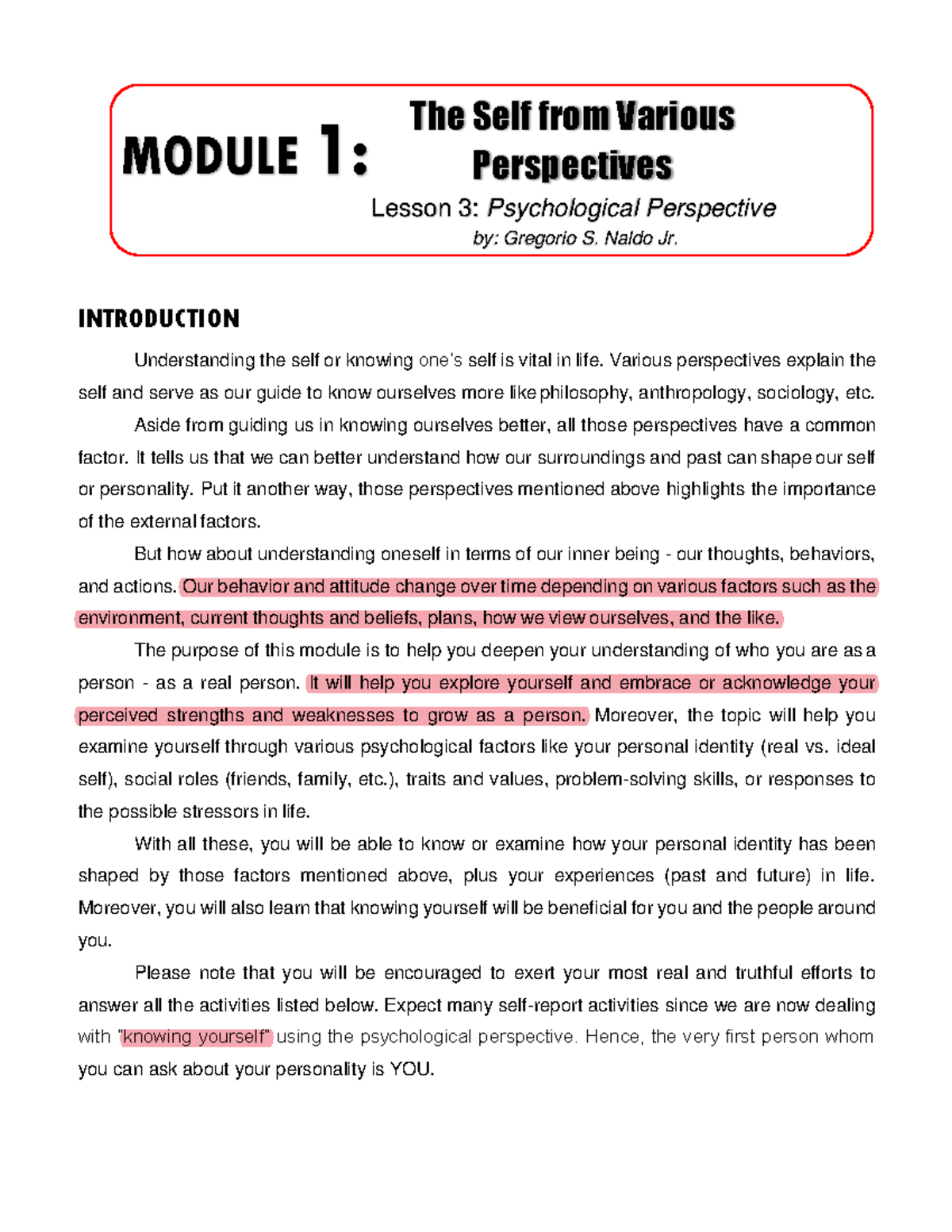Module 1 Lesson 3 - INTRODUCTION ####### Understanding the self or ...