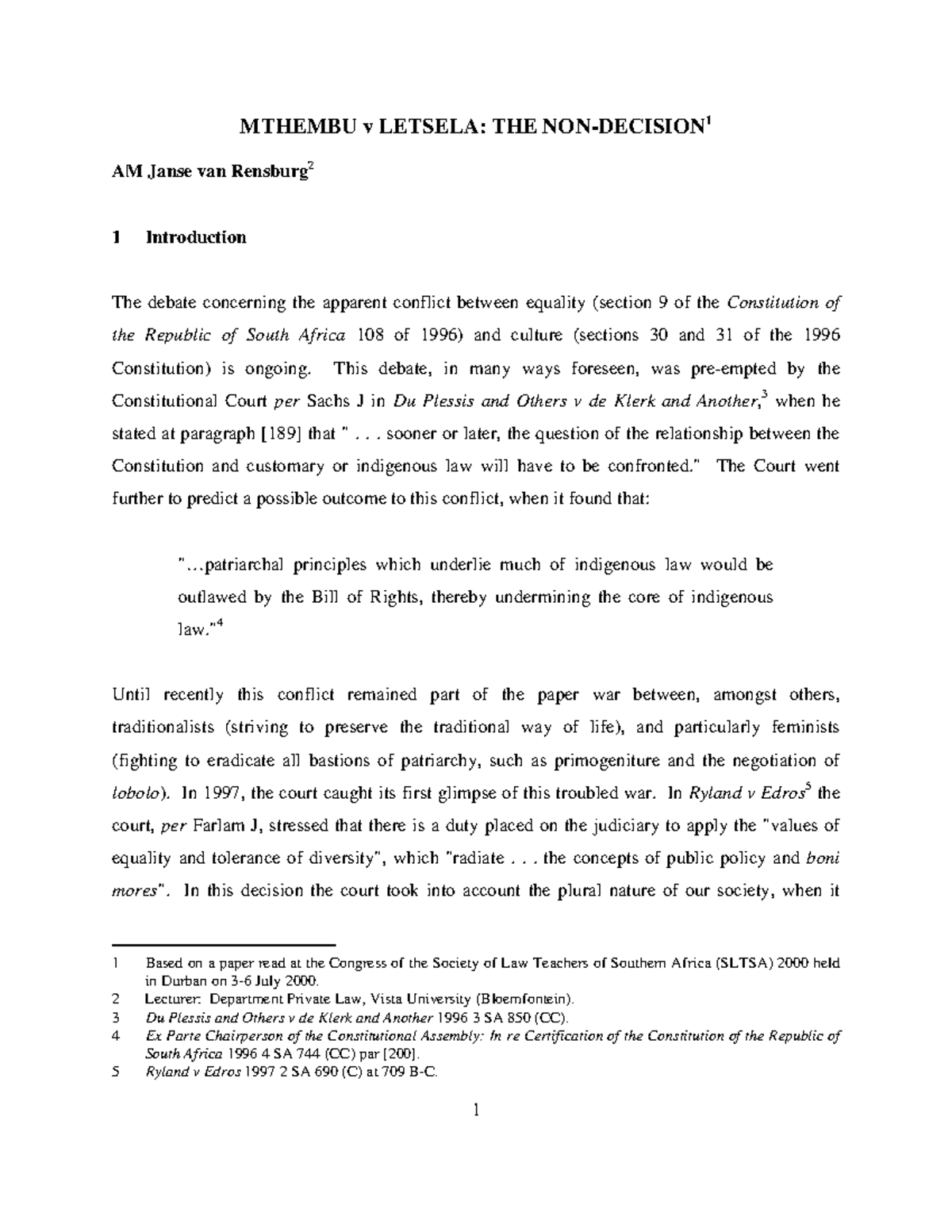 Mthembu v Letsela and Another 2000 (3) SA 867 (SCA) - MTHEMBU v LETSELA ...