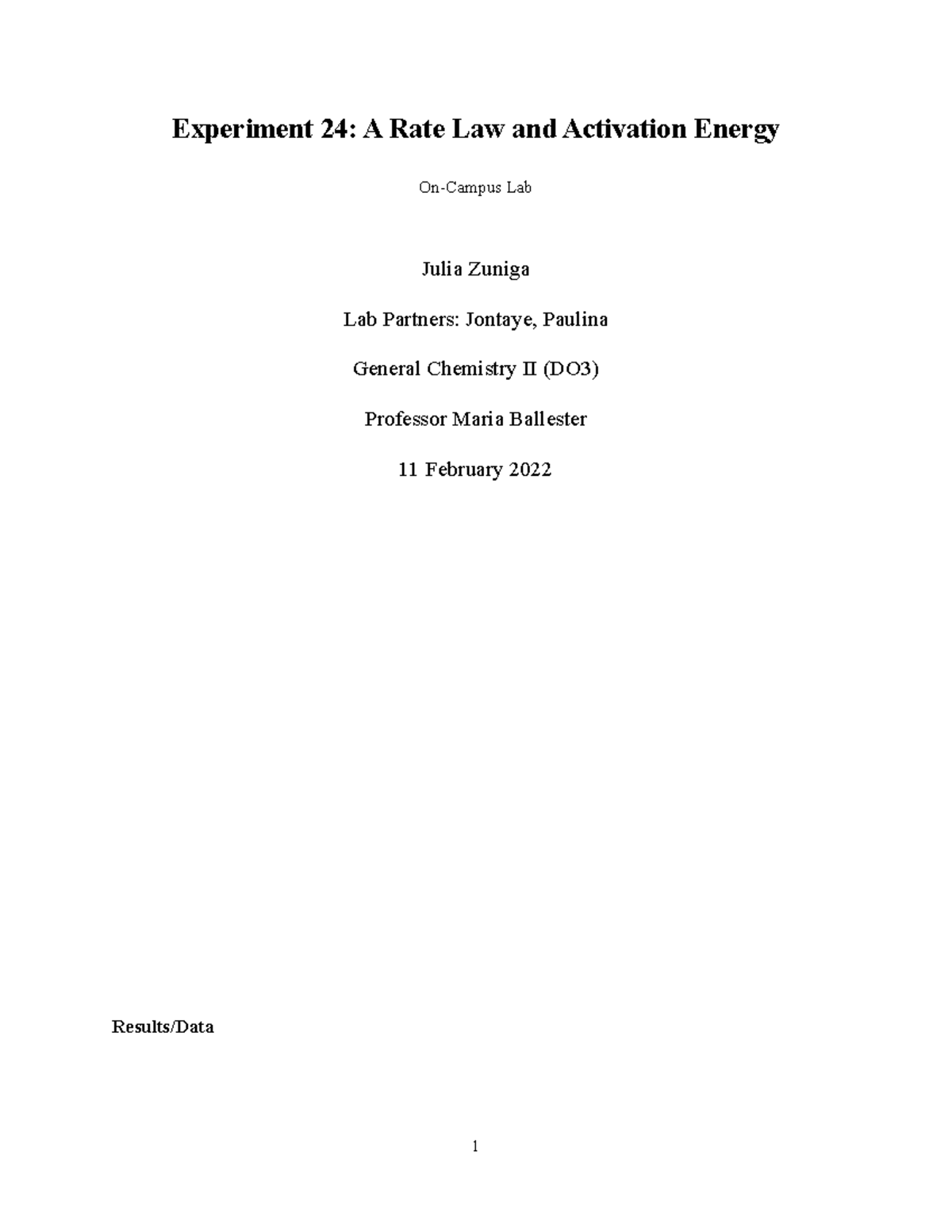 Exp 24 Rate Law Lab Report Full - Experiment 24: A Rate Law and ...