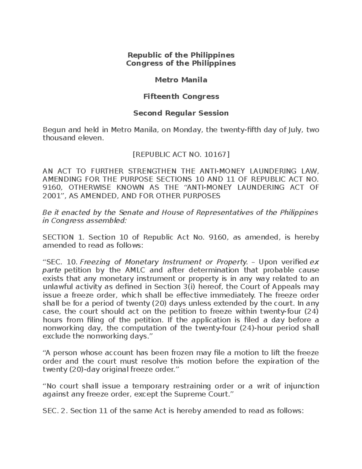 RA 10167 - Legal management - Republic of the Philippines Congress of ...