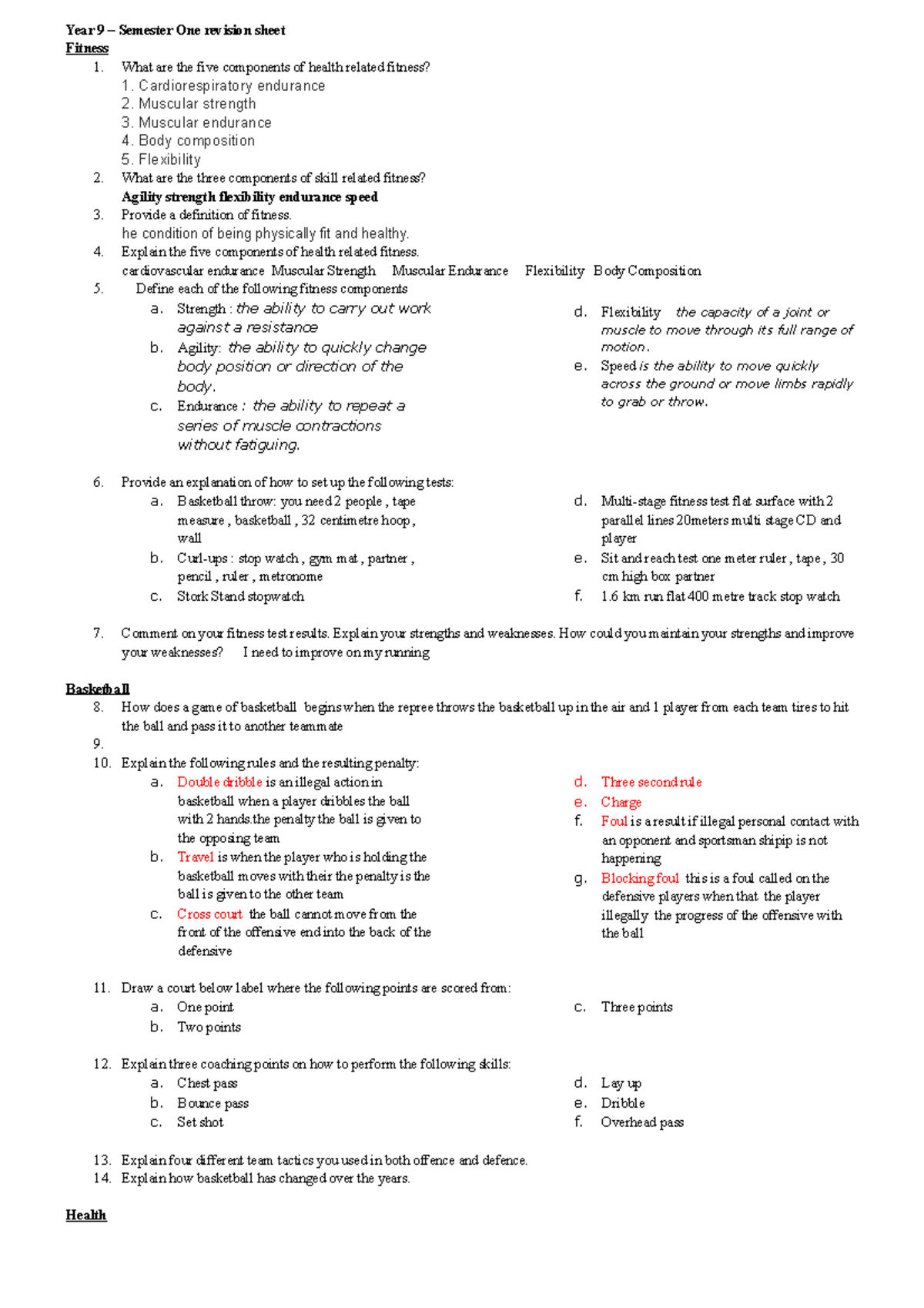 Year 11 Physical Education Exam revision sheet - Year 9 – Semester One ...