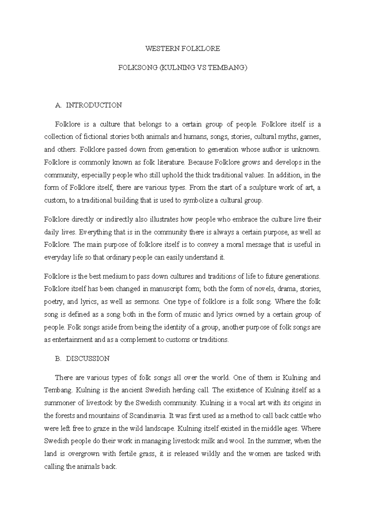 Western Folklore - WESTERN FOLKLORE FOLKSONG (KULNING VS TEMBANG) A ...