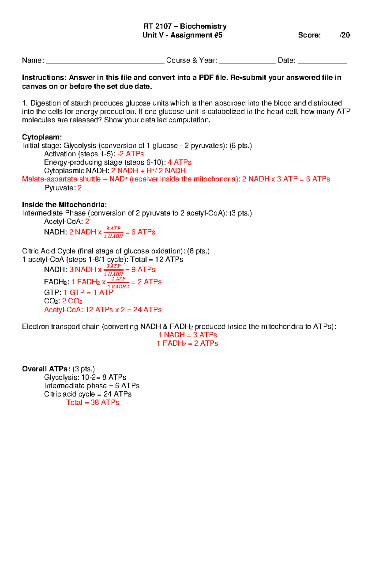 biology answer key - RT 2107 – Biochemistry Unit V - Assignment #5 ...