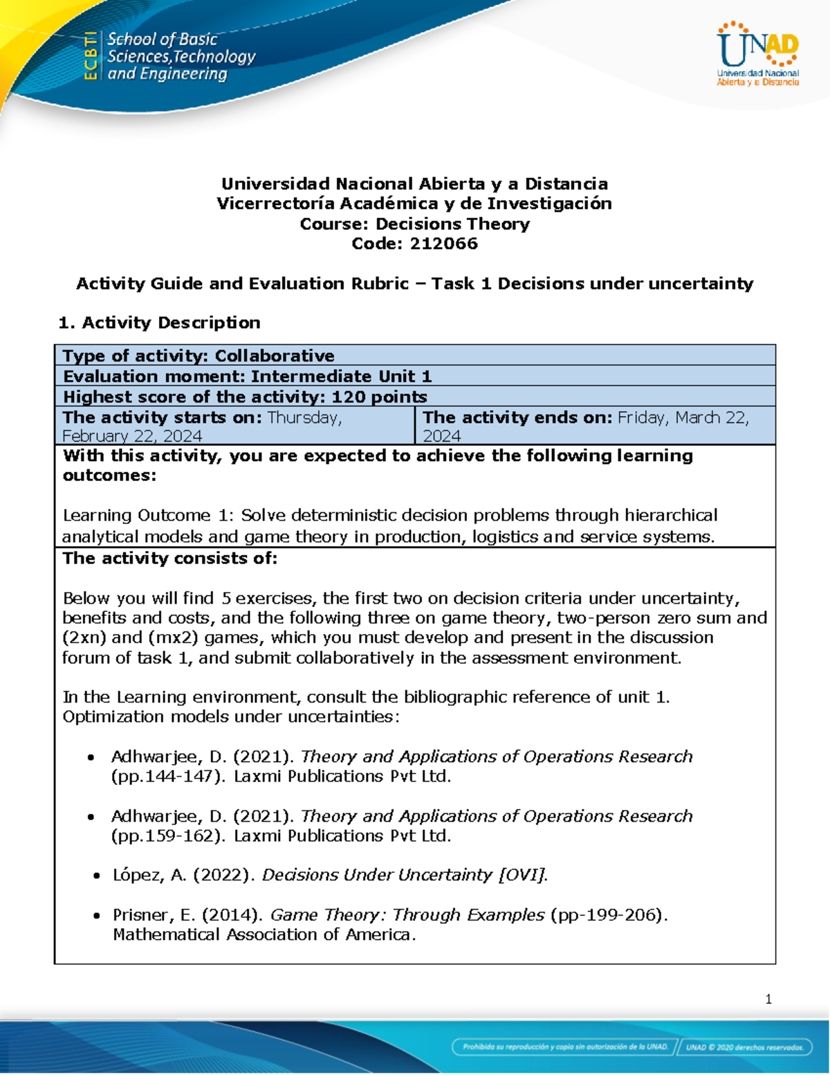 Activity Guide and Evaluation Rubric - Unit 1 -Task 1 - Decisions under ...