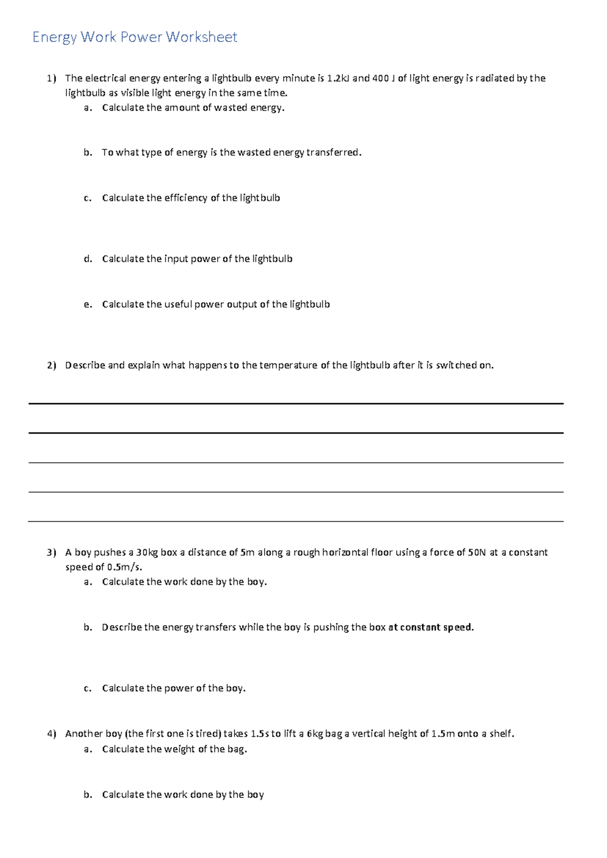 1 Energy Work Power Qns - practise qs - Energy Work Power Worksheet The ...