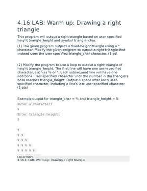 [Solved] 416 LAB Warm up Drawing a right triangle This program will output - Introduction to ...
