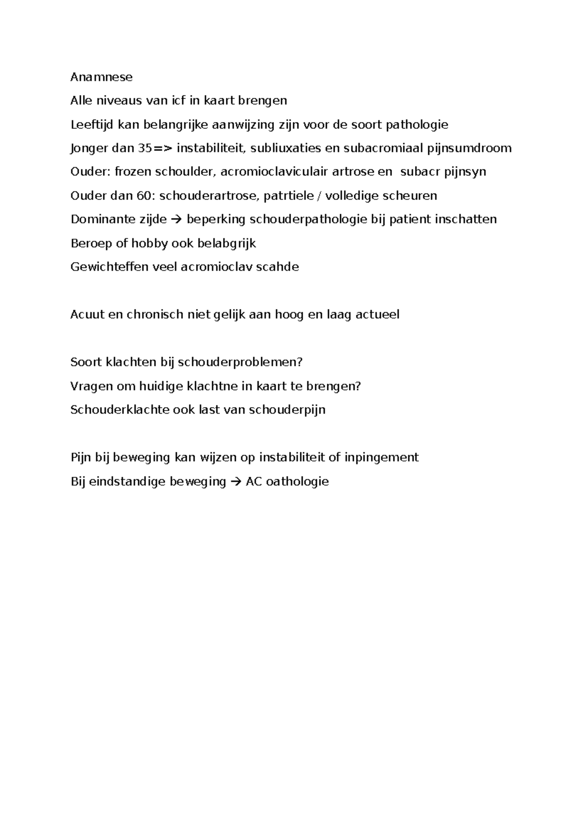 Anamnese schouder - Anamnese Alle niveaus van icf in kaart brengen ...