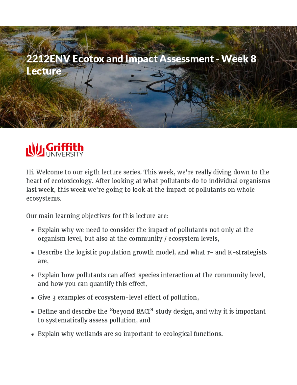 2212ENV Lecture 8 - notes - Hi. Welcome to our eigth lecture series ...