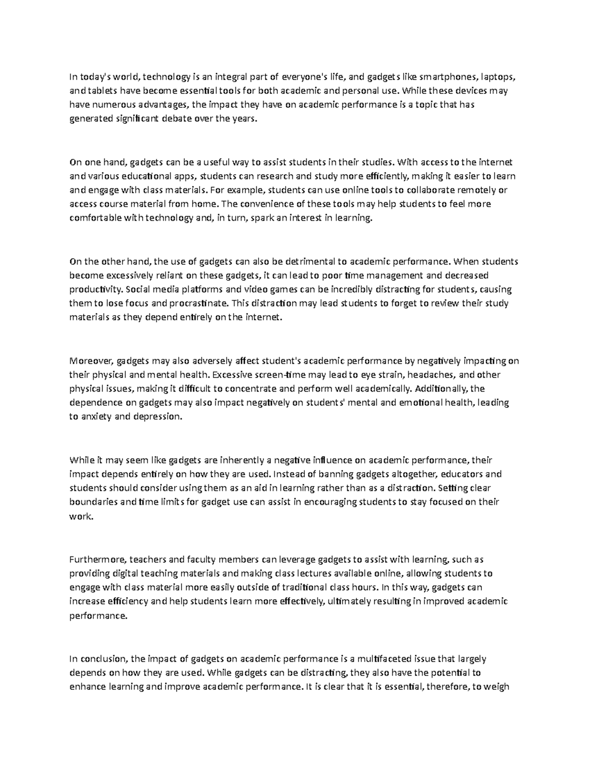 Literature about effect of gadgets - In today's world, technology is an ...