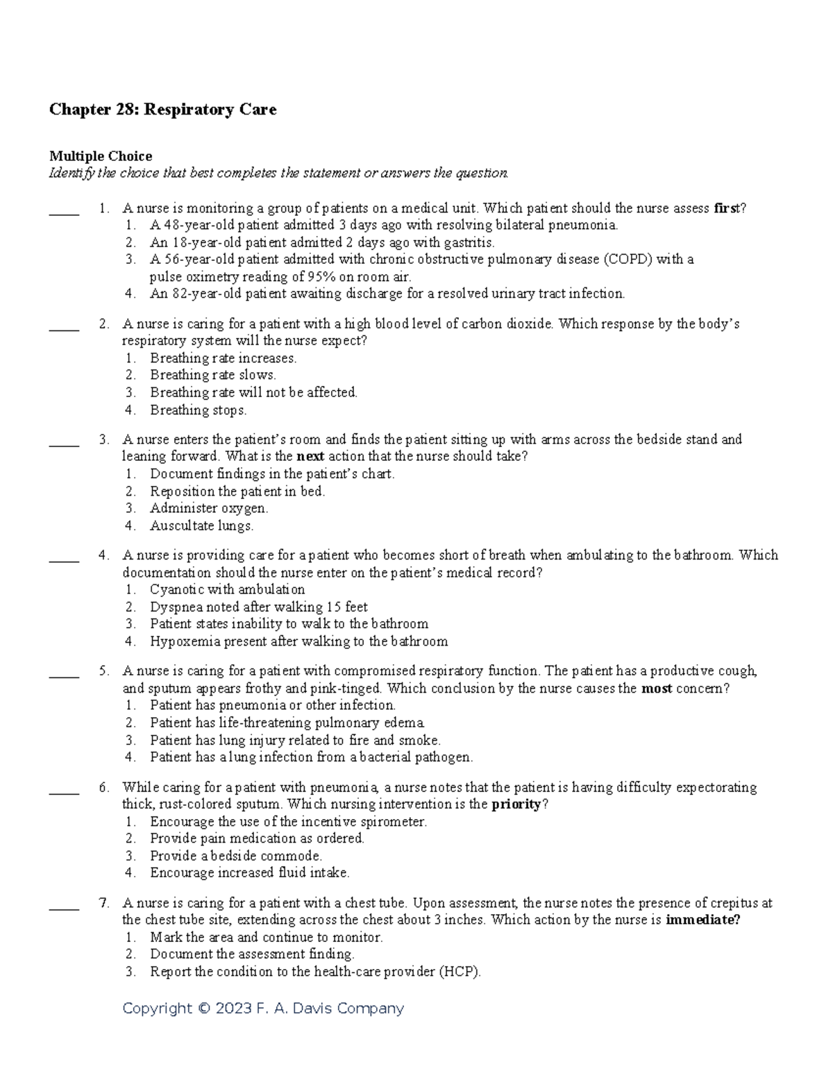 NUR179 Ch28 Study Guide - Chapter 28: Respiratory Care Multiple Choice ...