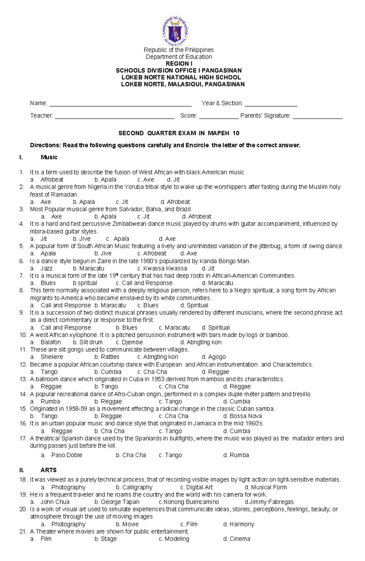2nd Quarter Exam in Mapeh 10 - Republic of the Philippines Department ...
