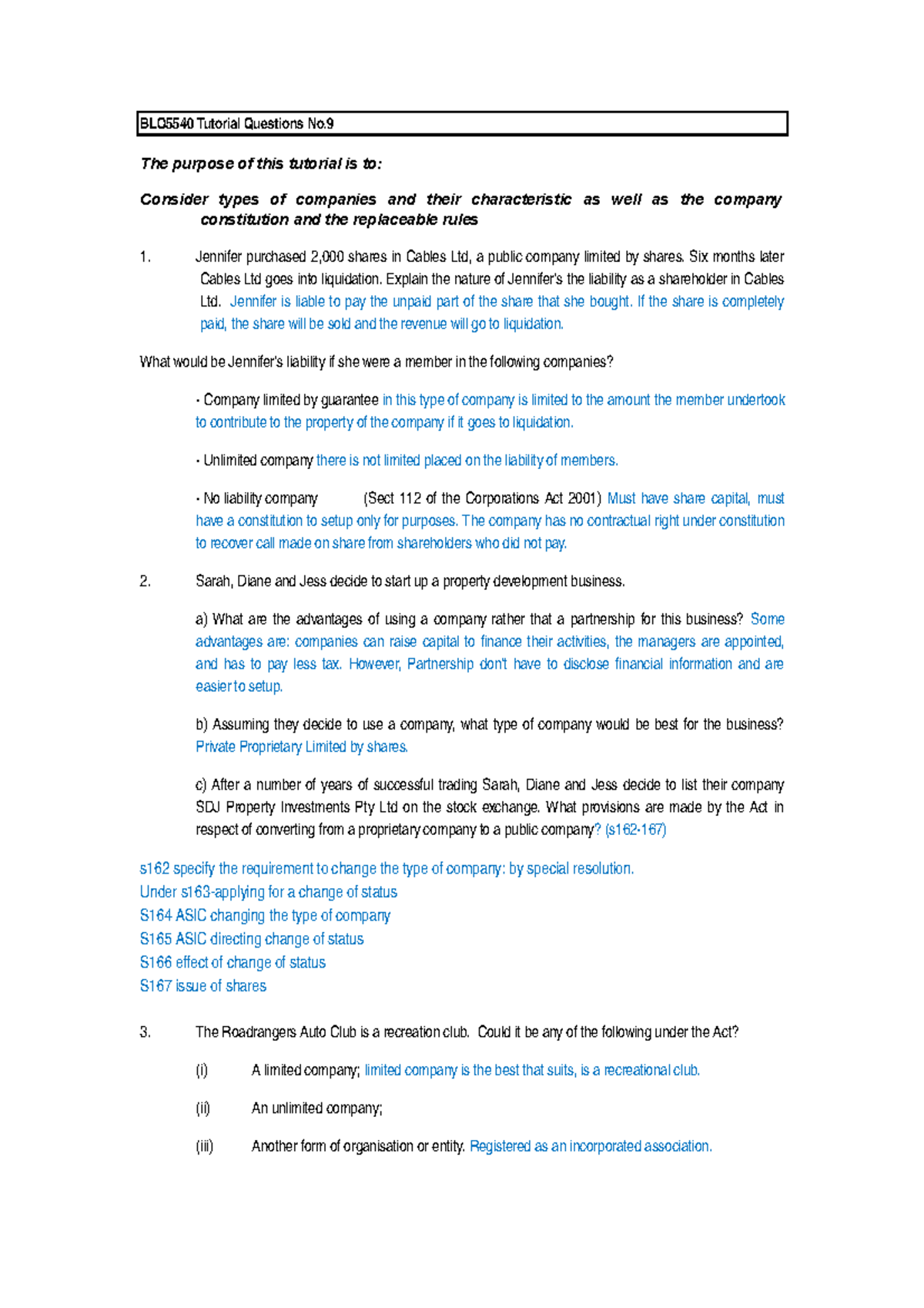Week 9 Tutorial exercise - BLO5540 Tutorial Questions No. The purpose ...