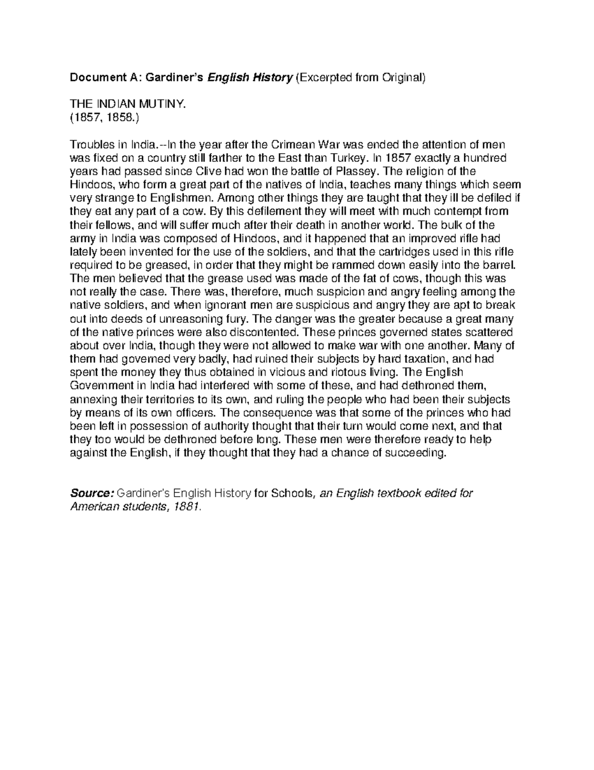 Sepoy rebellion original documents 0 - Document A: Gardiner’s English ...