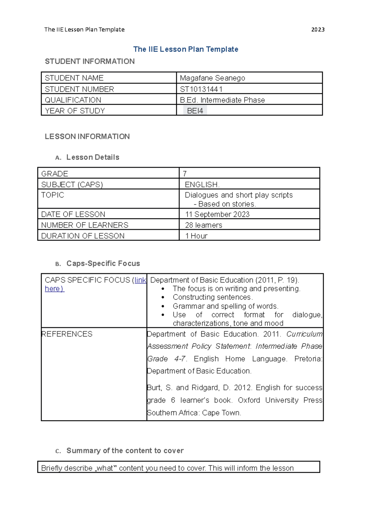 English Lesson 3 - The IIE Lesson Plan Template STUDENT INFORMATION ...