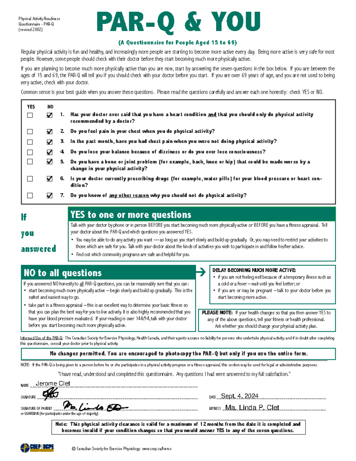 Par Q and You Form - A Questionnaire for People Aged 15 to 69 - No ...