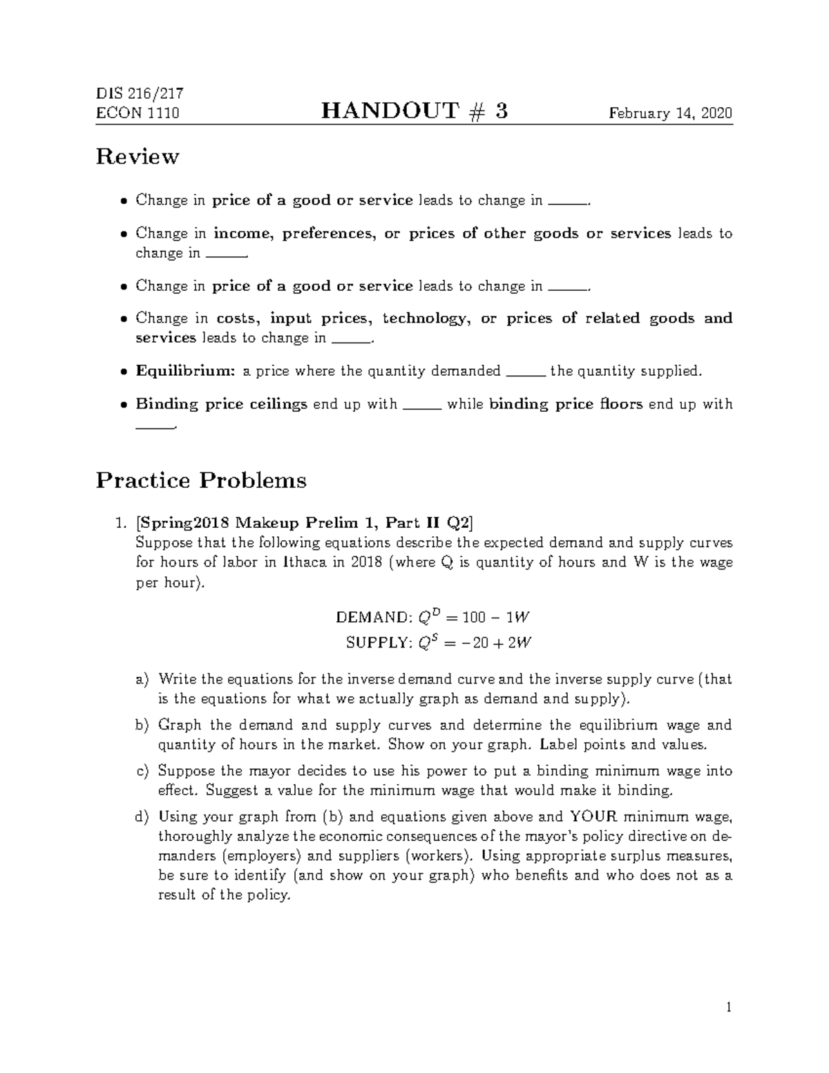 Handout 3 Jisu-2 - DIS 216/ ECON 1110 HANDOUT # 3 February 14, 2020 Review Change in price of a ...