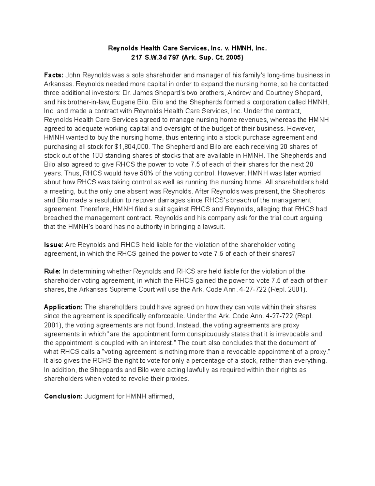 Reynolds Health Care Services, Inc. v. HMNH, Inc - Reynolds Health Care ...