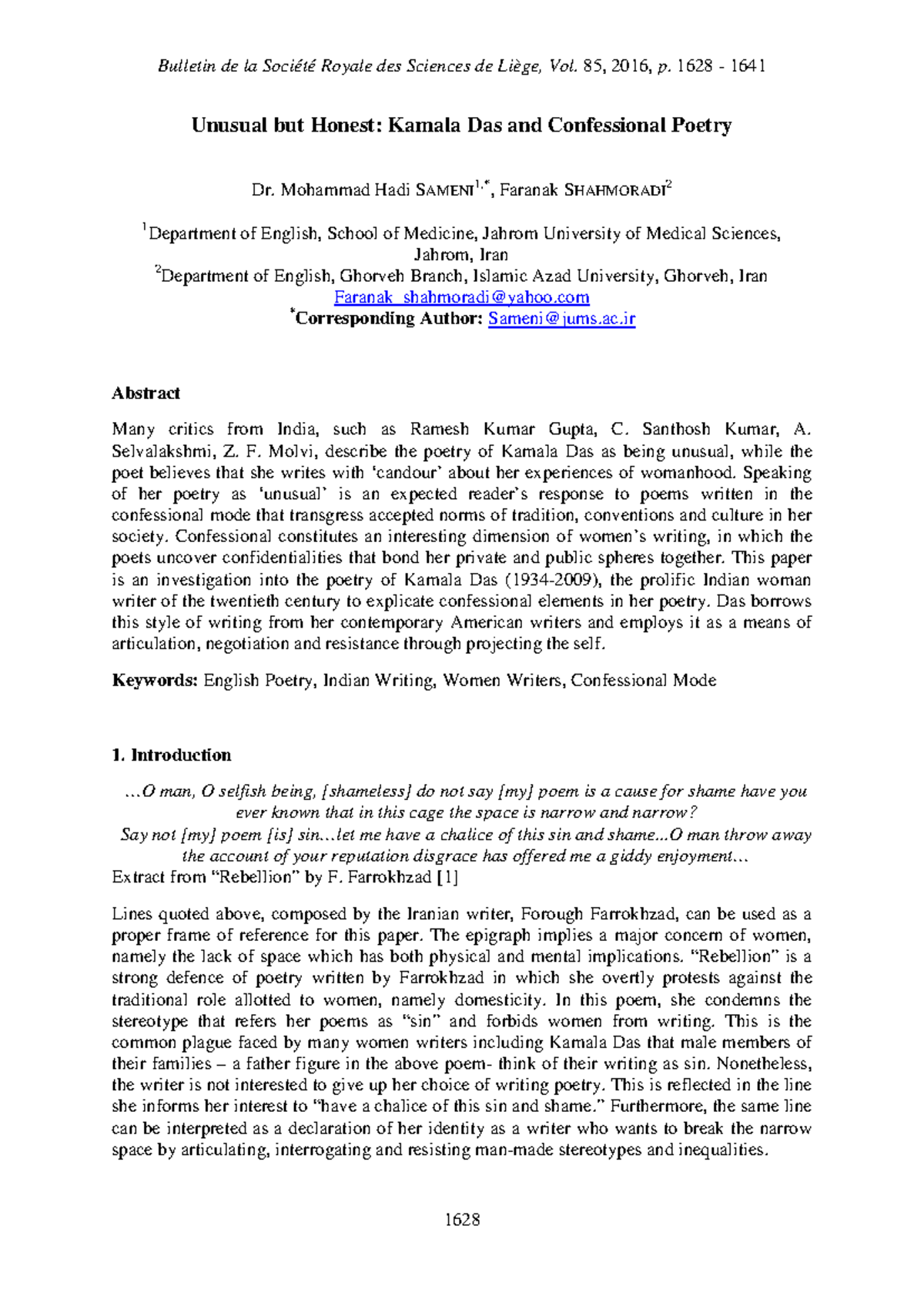 Sameni v85 2016 p1628 1641 - Unusual but Honest: Kamala Das and ...