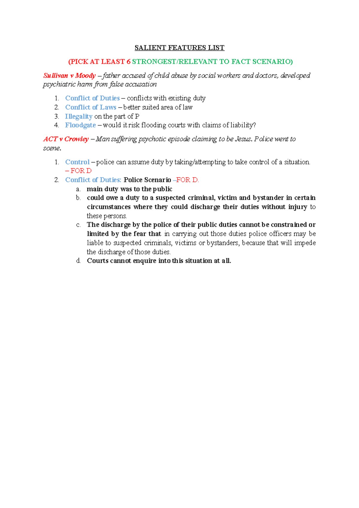 Salient Features LIST - exam checklist - SALIENT FEATURES LIST (PICK AT ...