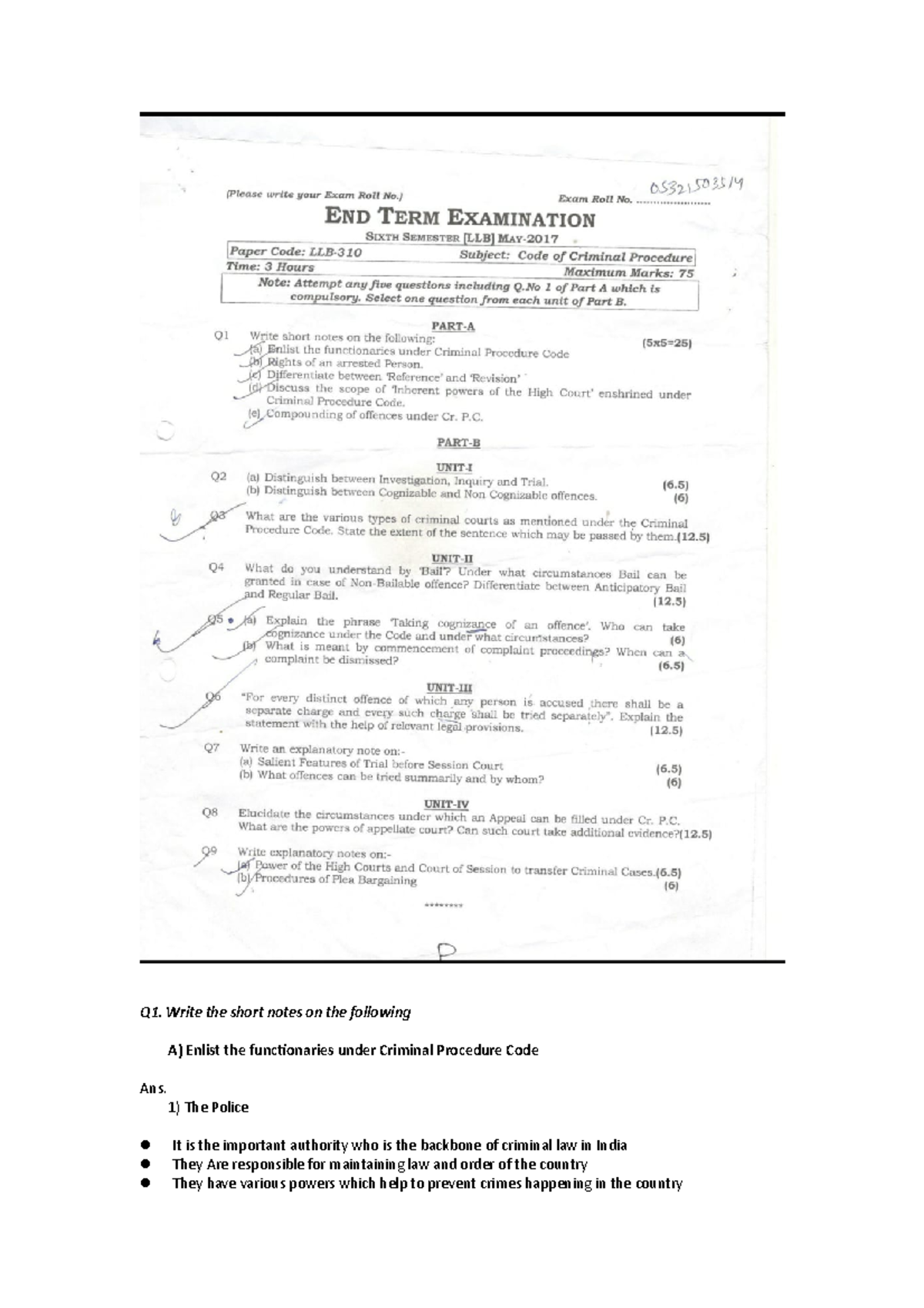 CRPC 2017 Question Paper with Answers - Q1. Write the short notes on ...