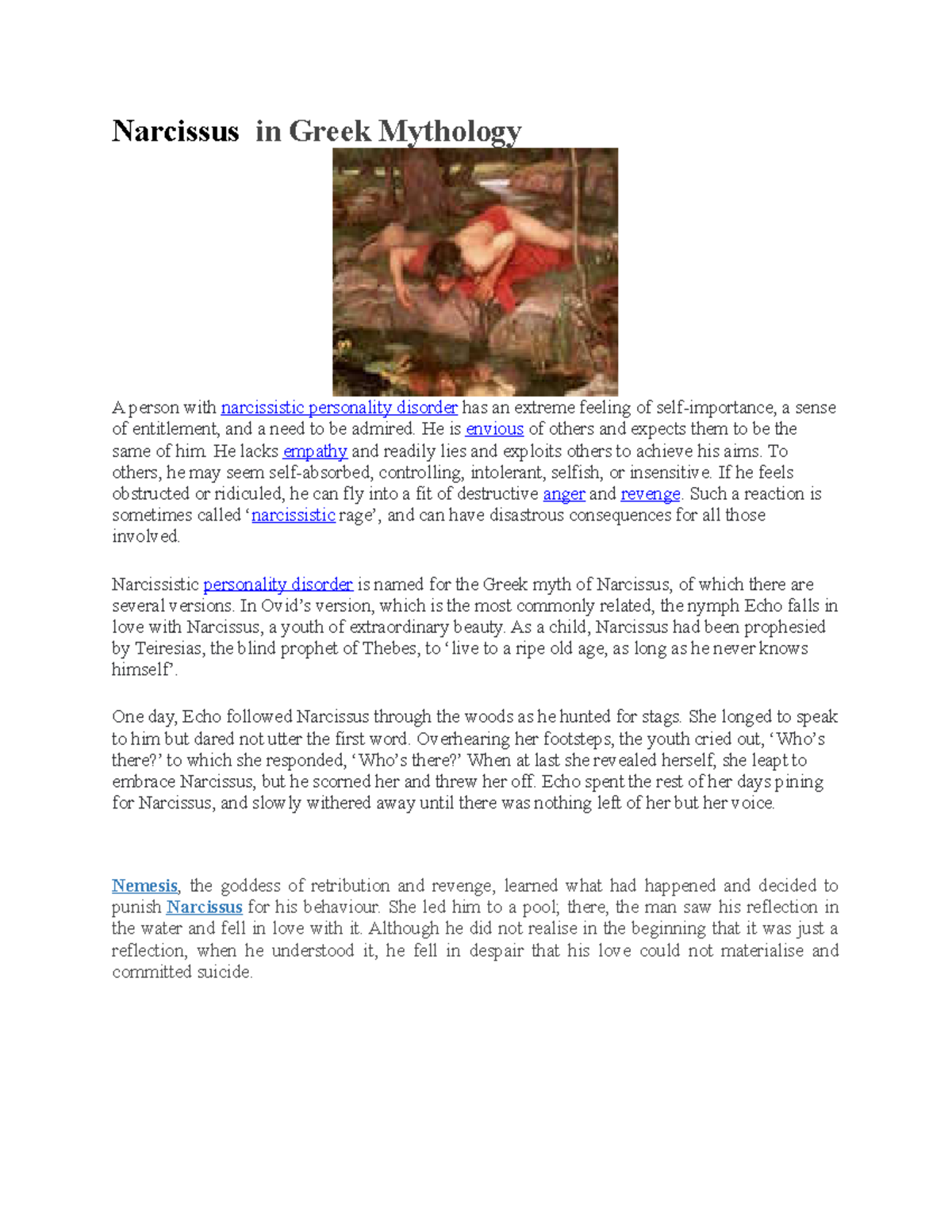 Narcissus in Greek Mythology-1 - He is envious of others and expects ...