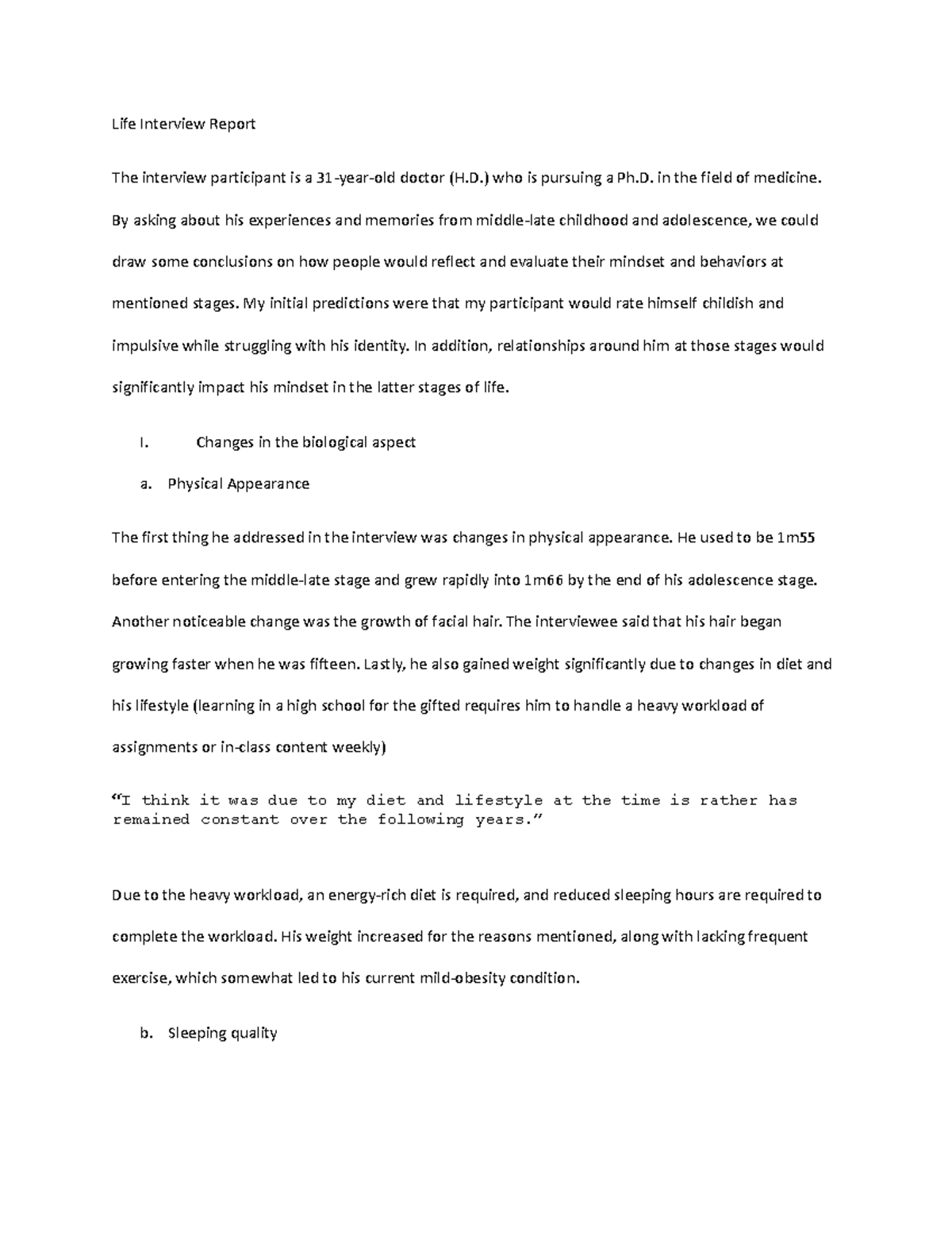 Life Interview Report - abc - Life Interview Report The interview ...