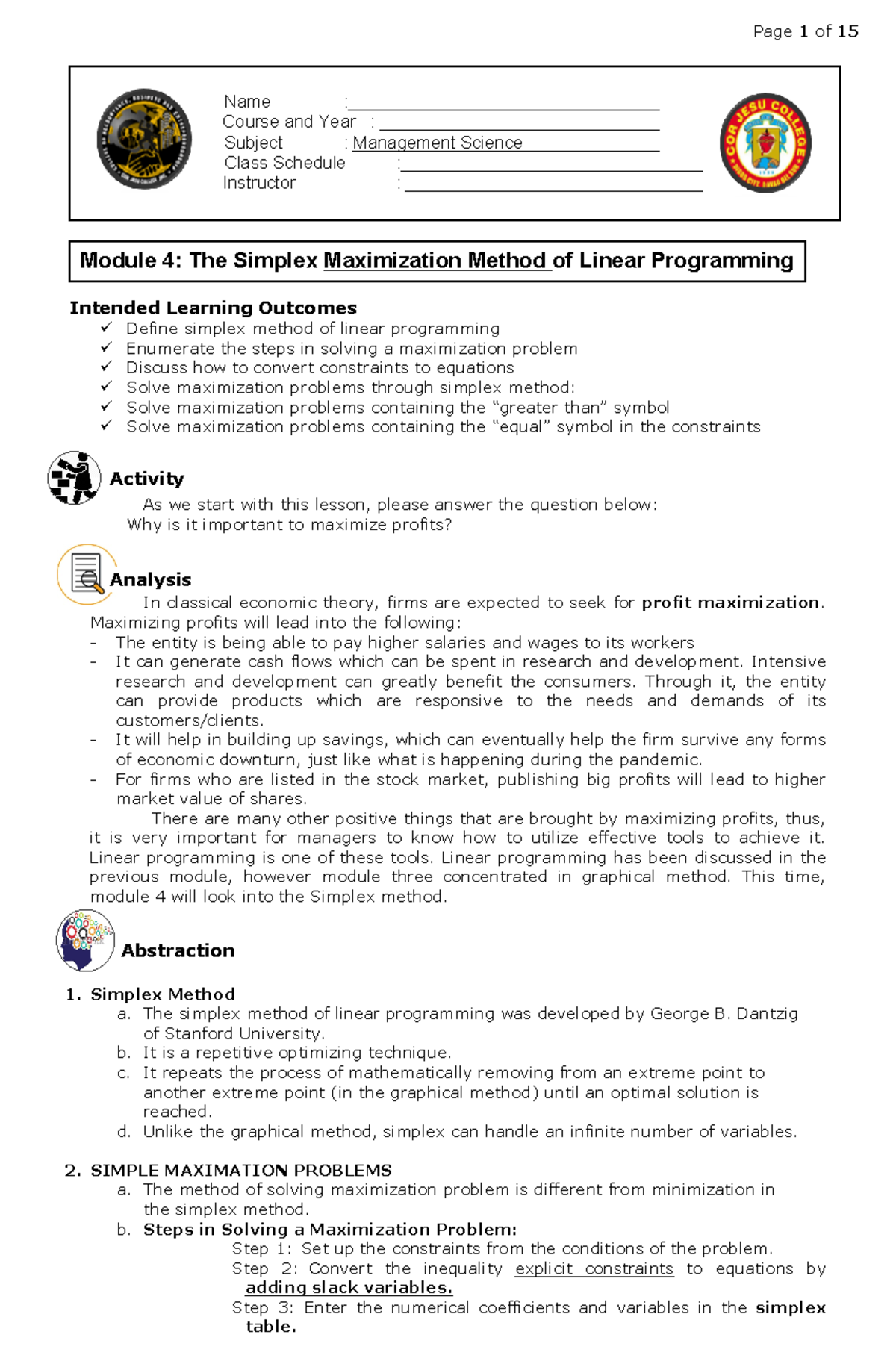 The Simplex Maximization Method Of Linear Programming Intended Learning Outcomes Define